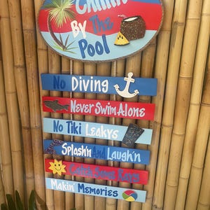 Wood Pool Wall Hanging Sign Set, Handmade Oval Shaped Decor With 6 Fun ...