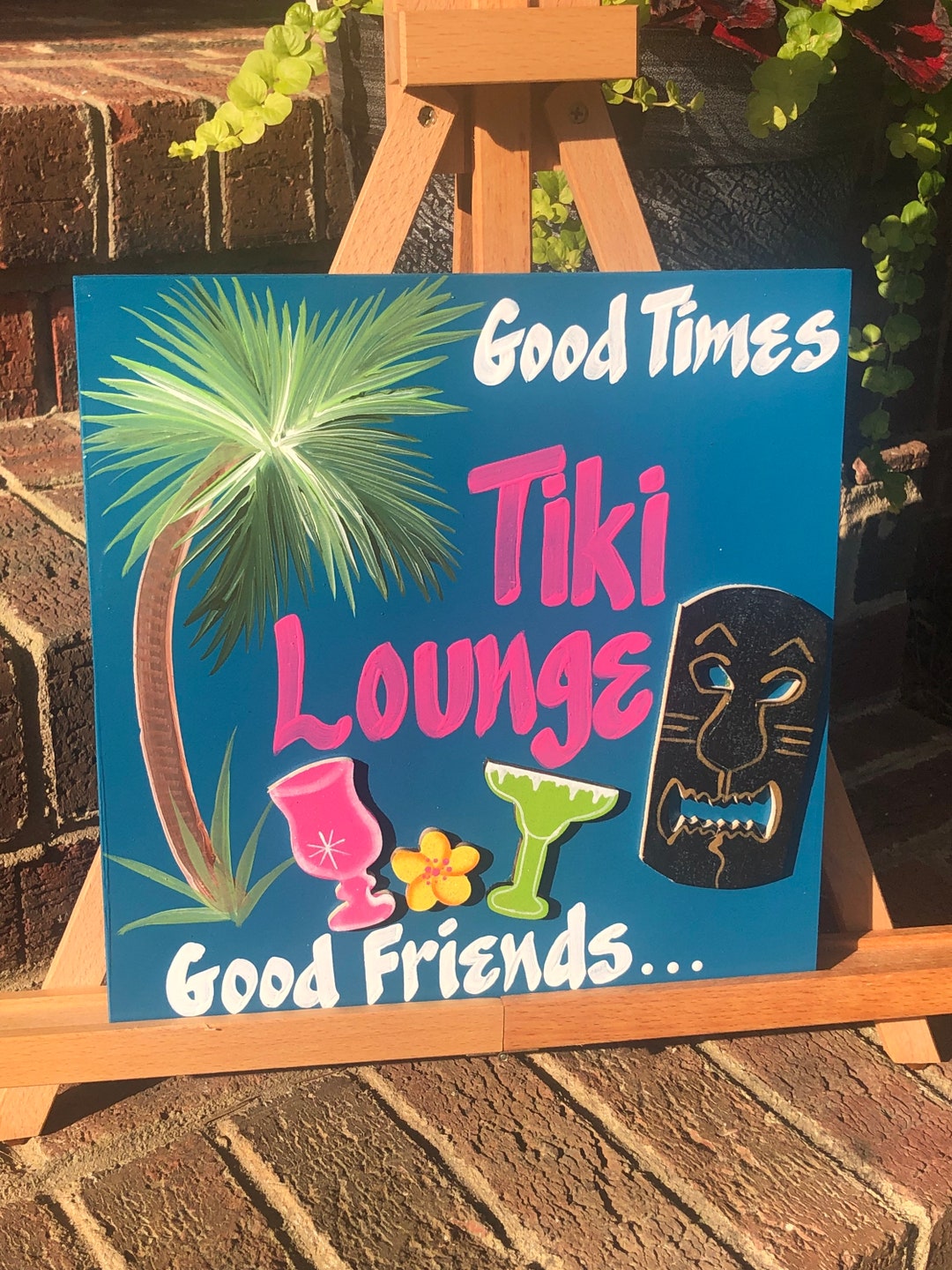 Custom Tiki Lounge Sign, 11x11 Teal Wood With Palm Tree & Cocktails ...