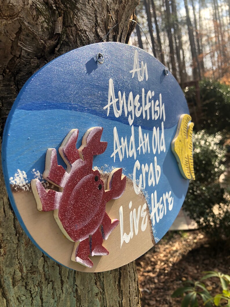 Crab and Angel Fish Sign- Hand Lettered- Oval Wood Plaque-nautical Door ...