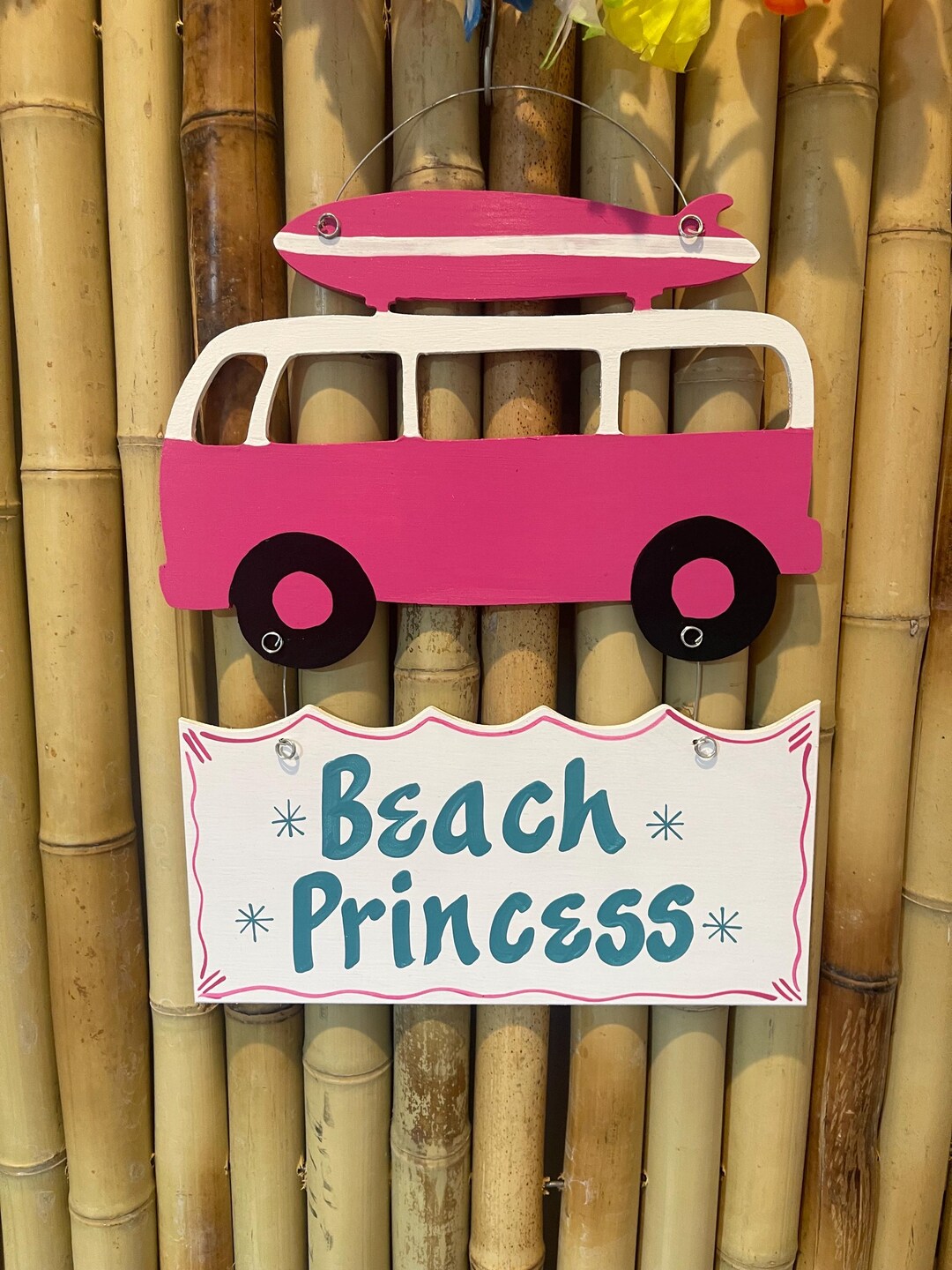 VW Beach Bus Sign, Handmade Pink & White Wall Plaque for Girls' Room ...
