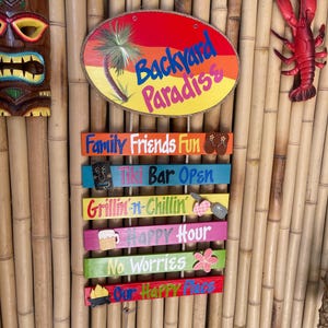 Backyard Paradise Hand Painted Wood Wall Hanger Sign Personalized Tiki ...