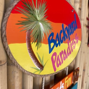 Backyard Paradise Hand Painted Wood Wall Hanger Sign Personalized Tiki ...