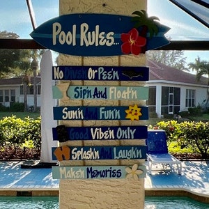 Pool Rules Custom Surfboard Poolside Decor. Backyard Wood Pool Sign ...