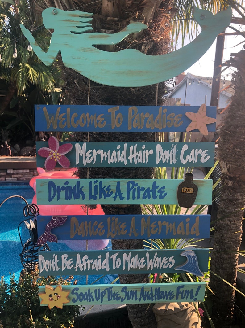 Hand Painted Mermaid Welcome Sign, Coastal Sea-life Wall Decor - Etsy