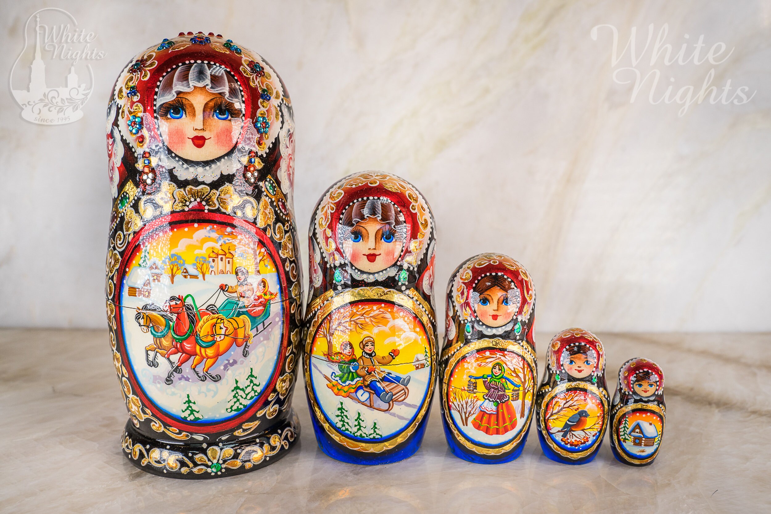 Dolls Green Stacking dolls Matryoshka dolls Winter Babushka doll Troika ...