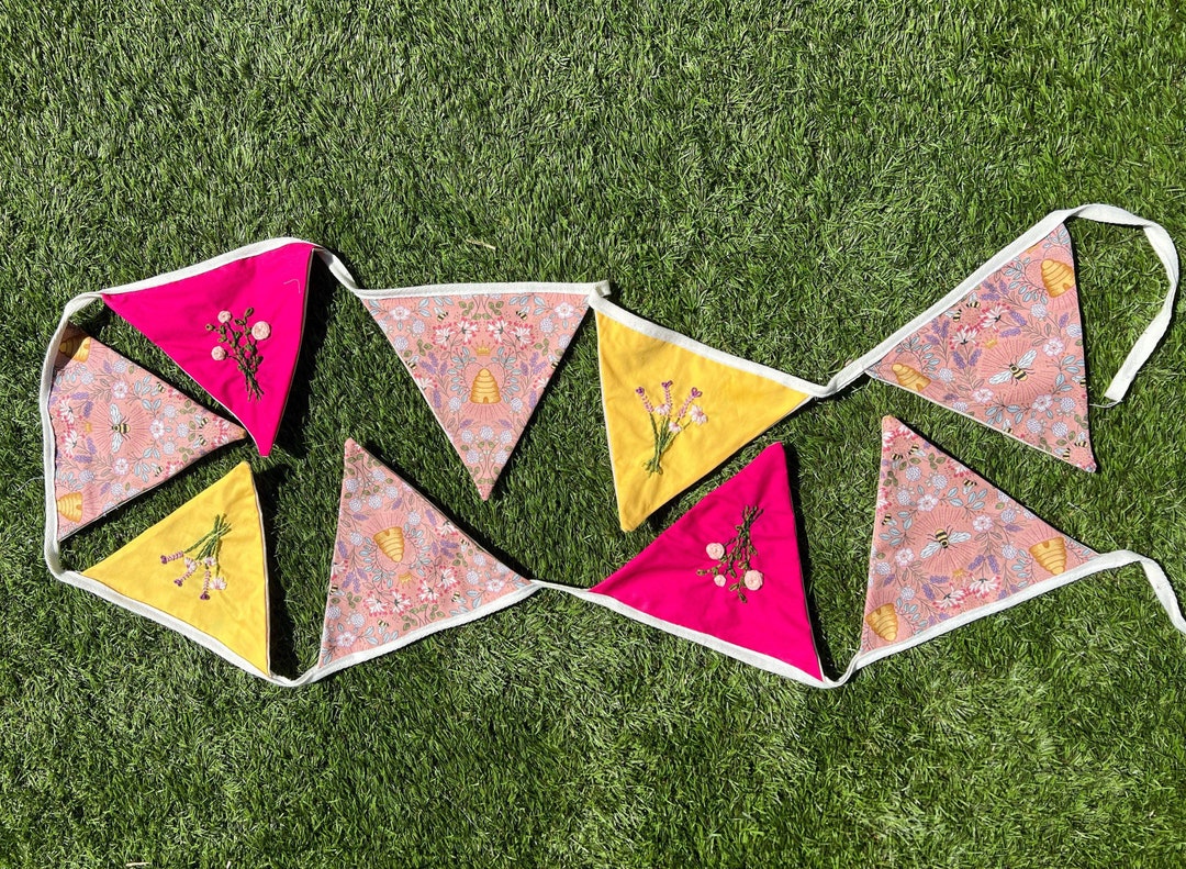 Pink Floral Bee Bunting Decor With Embroidered Flowers Nursery Decor ...