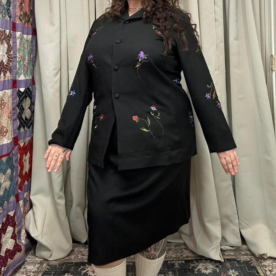 1980s Sue Brett Black Floral Embroidered Top and Skirt Set (polyester ...