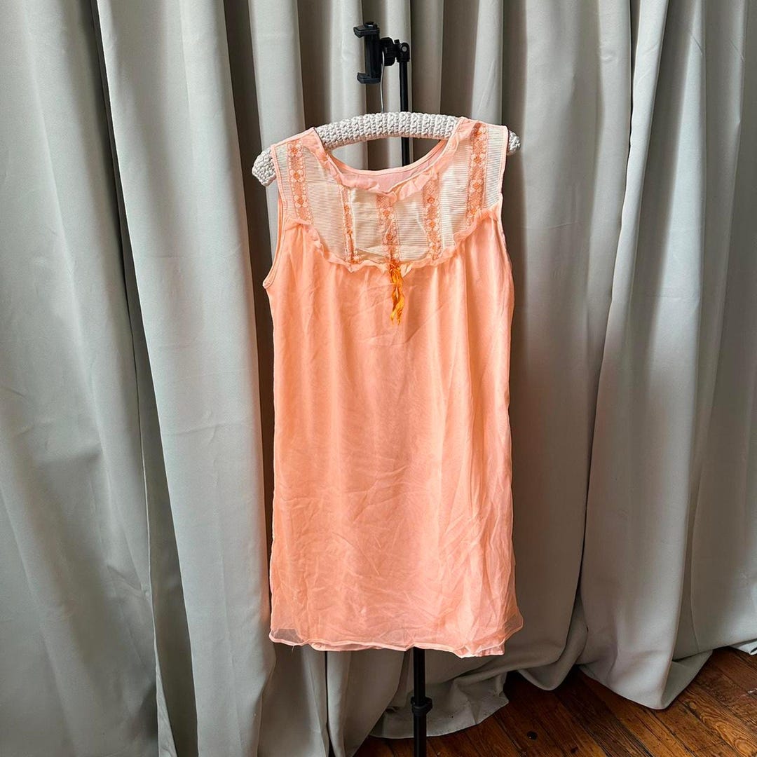 1960s Neon Peach Nightie. Chiffon and Lace Chest. No Tags. No Fiber ...