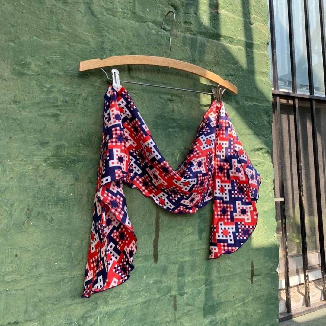 1970s Red White and Blue Plaid Ruffle Trim Ascot, 100 Rayon. 52x8 ...