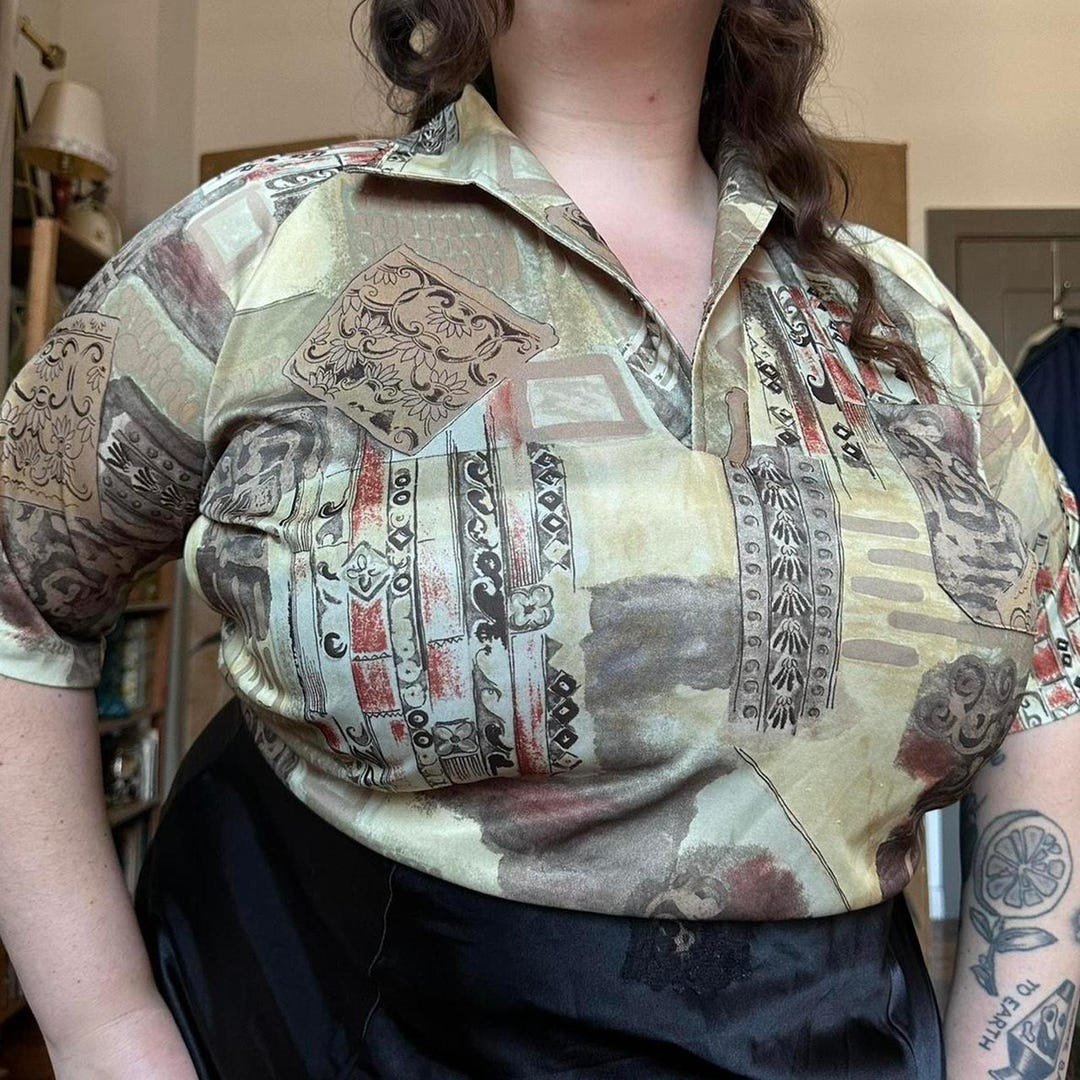 1980s Lady Dache Square Geo Polyester Dagger Collared Paisley Patchwork ...