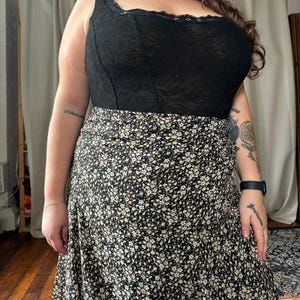 1990s Rena Rowan Black and Grey Ditsy Floral Chiffon Midi Skirt. Tag ...