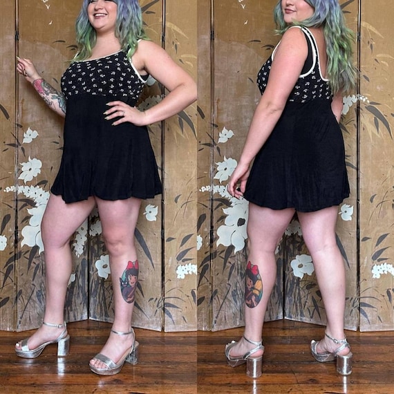 1990s Beach Cabana Woman Black Swim Dress, White Dits… - Gem