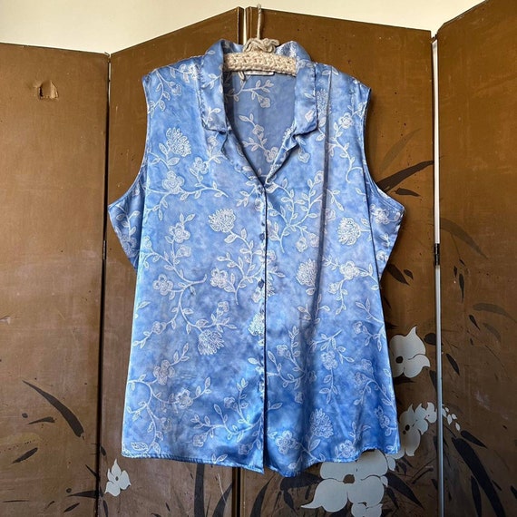 2000s Morgan Taylor Intimates Baby Blue Satin Floral … - Gem