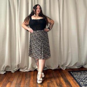 1990s Rena Rowan Black and Grey Ditsy Floral Chiffon Midi Skirt. Tag ...