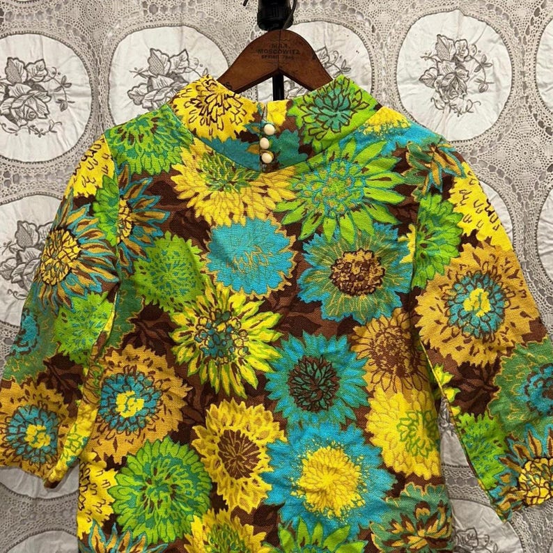 1960s Cotton Yellow Blue Green Brown Psychedelic Floral Top. Button ...