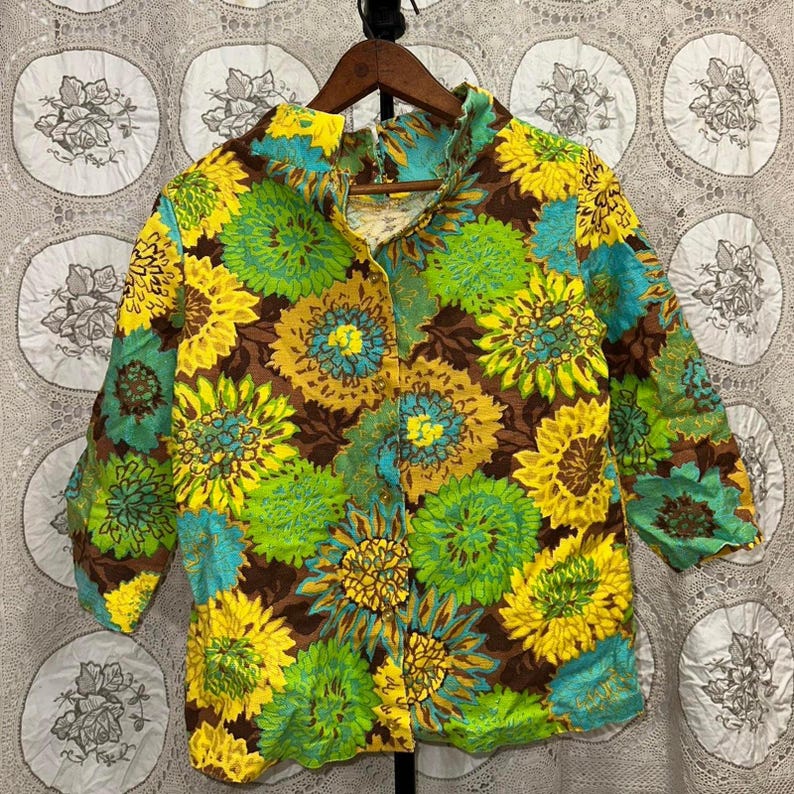 1960s Cotton Yellow Blue Green Brown Psychedelic Floral Top. Button ...