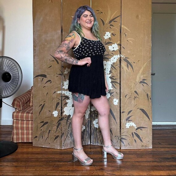 1990s Beach Cabana Woman Black Swim Dress, White Dits… - Gem