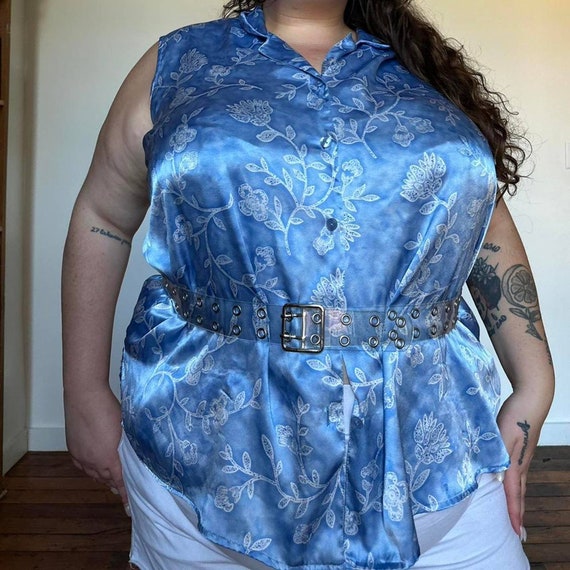 2000s Morgan Taylor Intimates Baby Blue Satin Floral … - Gem