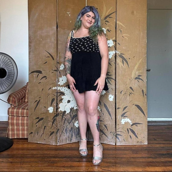 1990s Beach Cabana Woman Black Swim Dress, White Dits… - Gem