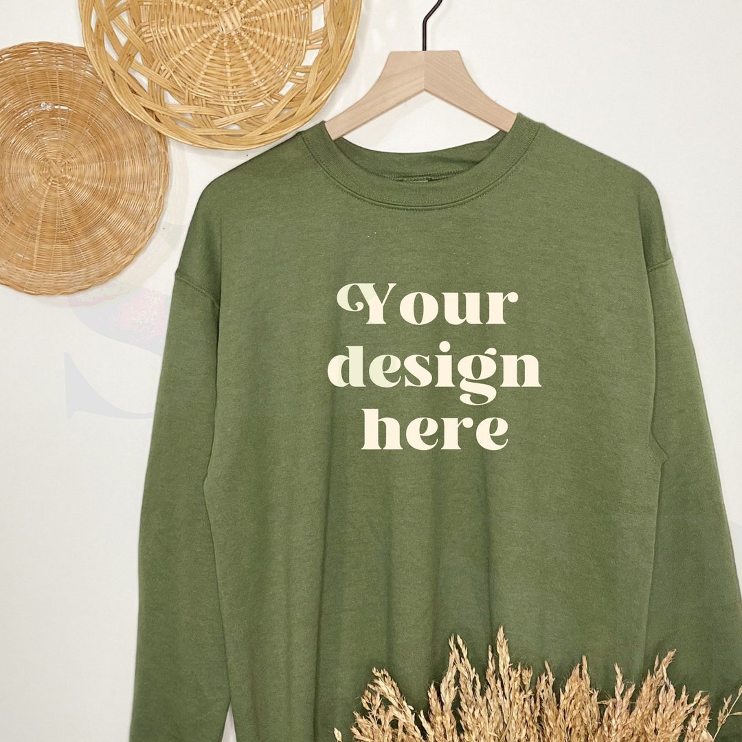 Gildan 1800 Fleece Crew Mockup, Gildan Military Green Long Sleeve ...