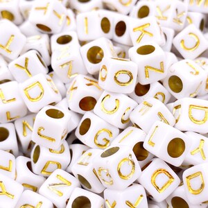 White and Gold Cube Letter Beads, 100 Pcs Alphabet Beads, ABC Acrylic ...