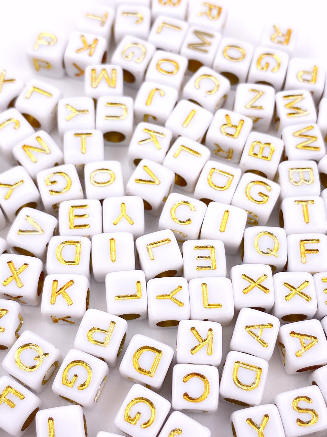 White and Gold Cube Letter Beads, 100 Pcs Alphabet Beads, ABC Acrylic ...