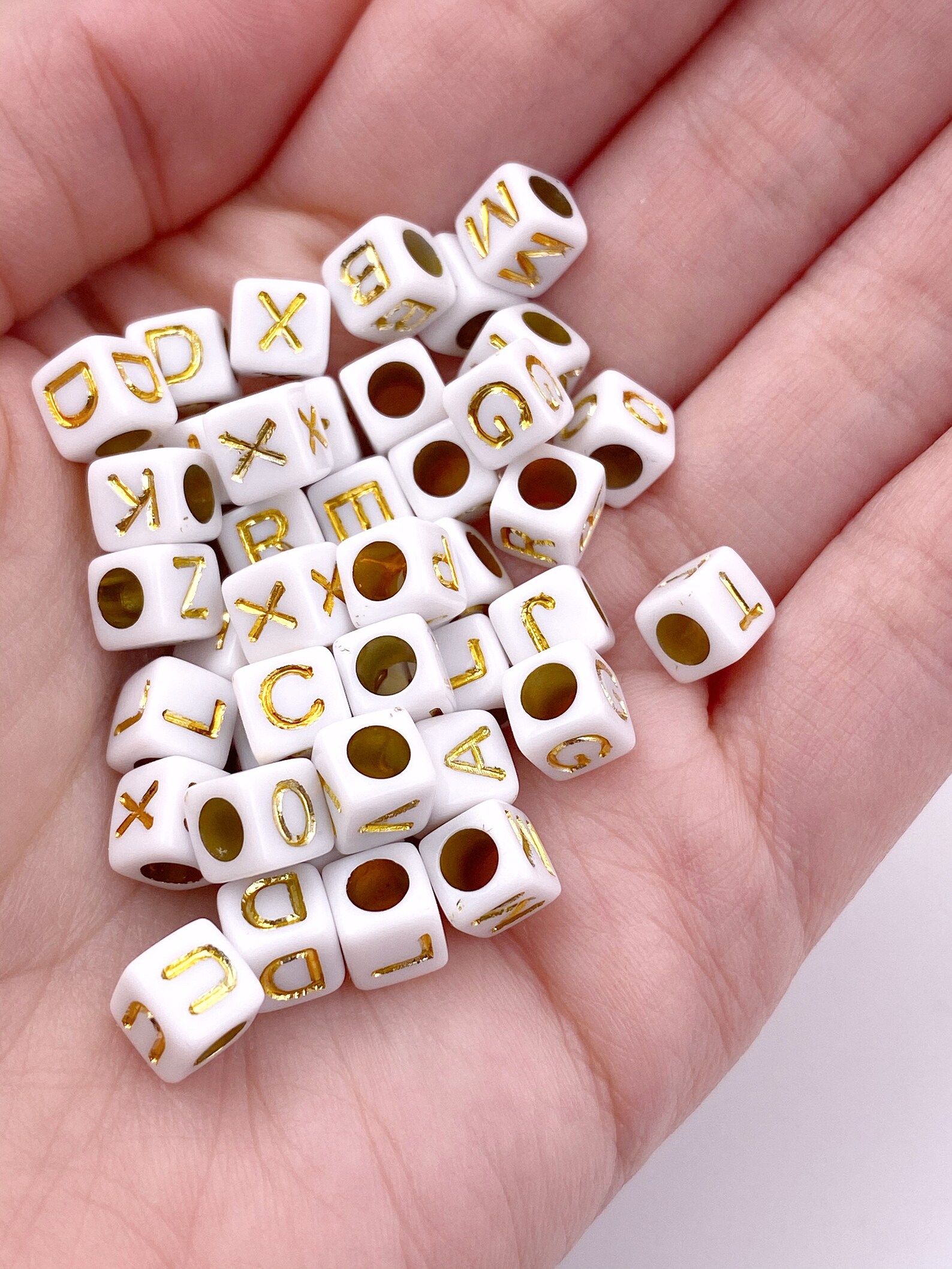 White and Gold Cube Letter Beads, 100 Pcs Alphabet Beads, ABC Acrylic ...