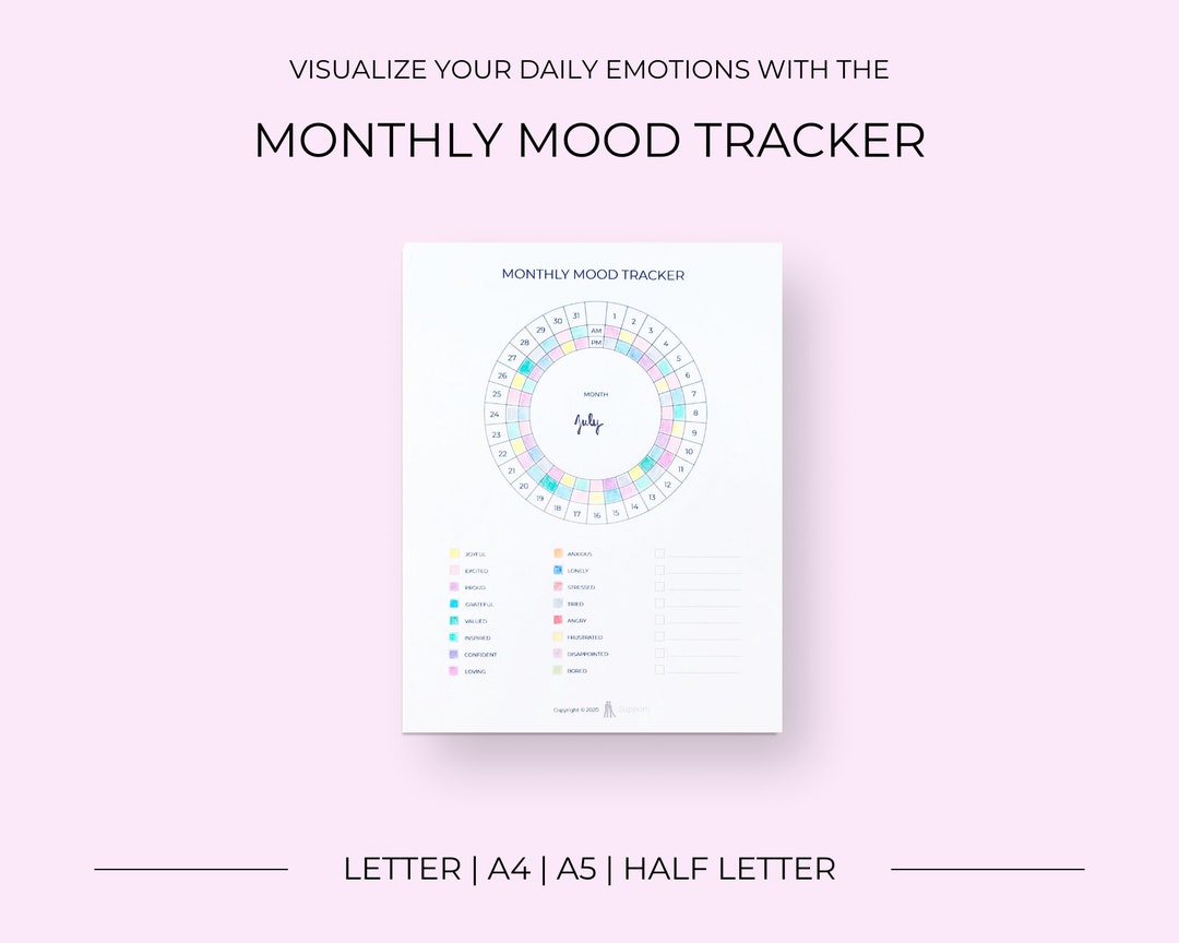 Monthly Mood Tracker Printable, Feelings Journal, Daily Mood, Daily ...