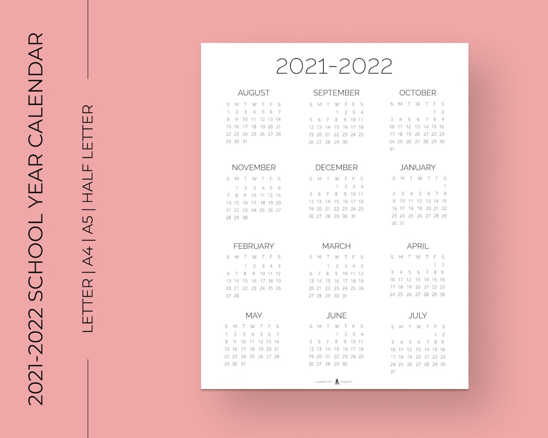 2021-2022 School Year Printable Calendar Yearly Year at A - Etsy Australia