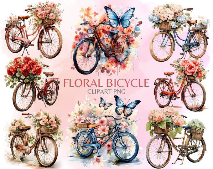 Watercolor Pastel Bicycles Clipart, Cute Bikes Clipart, Dutch Bike ...