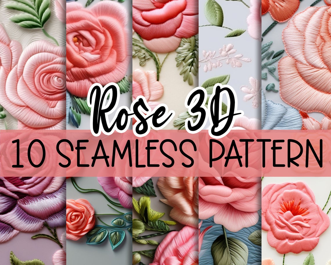 10 Realistic Embroidery Rose Flowers Digital Paper, Rose Seamless ...