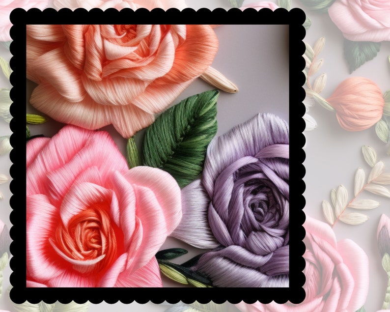 10 Realistic Embroidery Rose Flowers Digital Paper, Rose Seamless ...