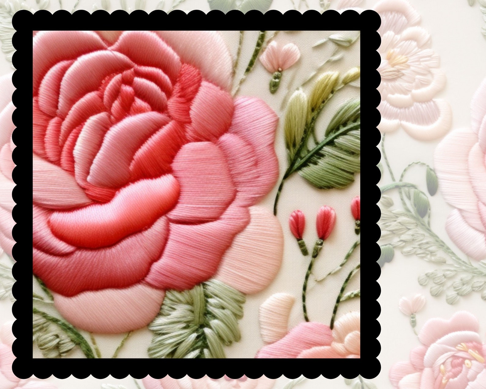 10 Realistic Embroidery Rose Flowers Digital Paper, Rose Seamless ...
