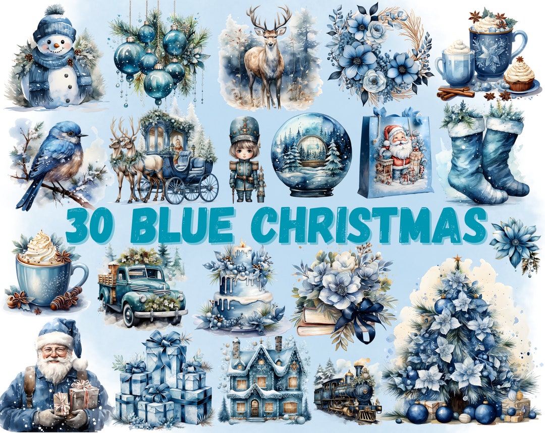 Blue Watercolor Christmas Clipart Bundle - Etsy