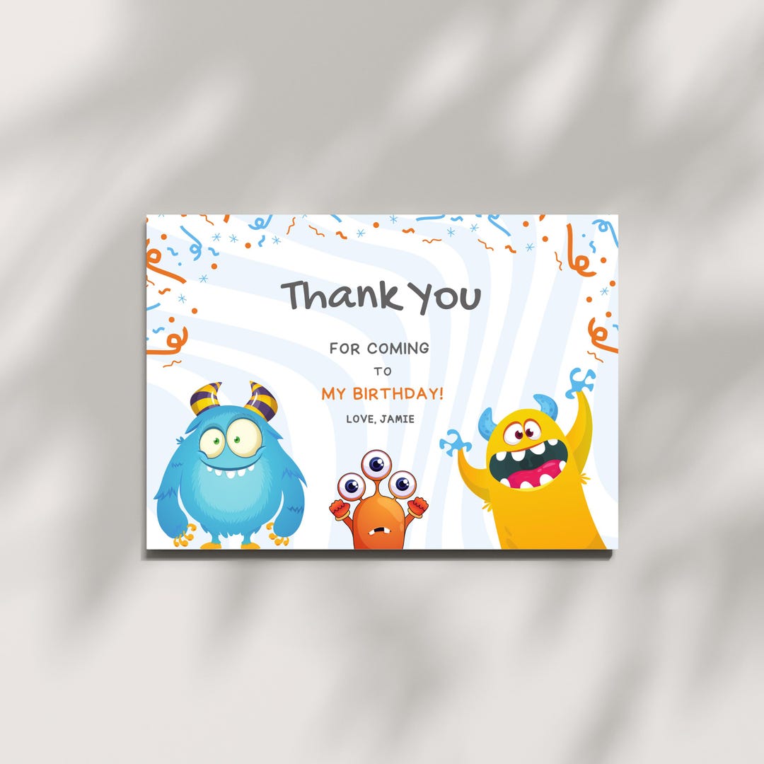 Monsters Thank You Card for Birthdays , Editable Digitalthank You Card ...