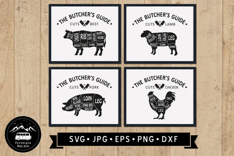 Butcher's Guide SVG (4 Designs), Cuts of Meat Chart Sign SVG, Farmhouse ...