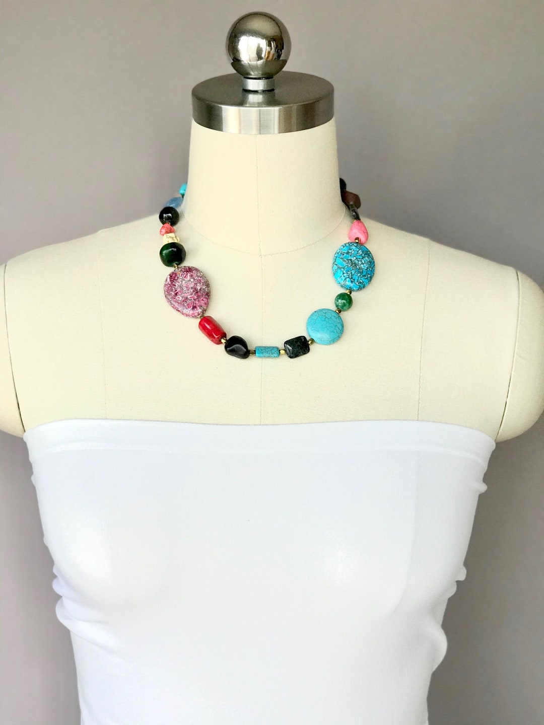 Colorful Necklace, Multi Bead Necklace, Chunky Beaded Necklace, Stone ...
