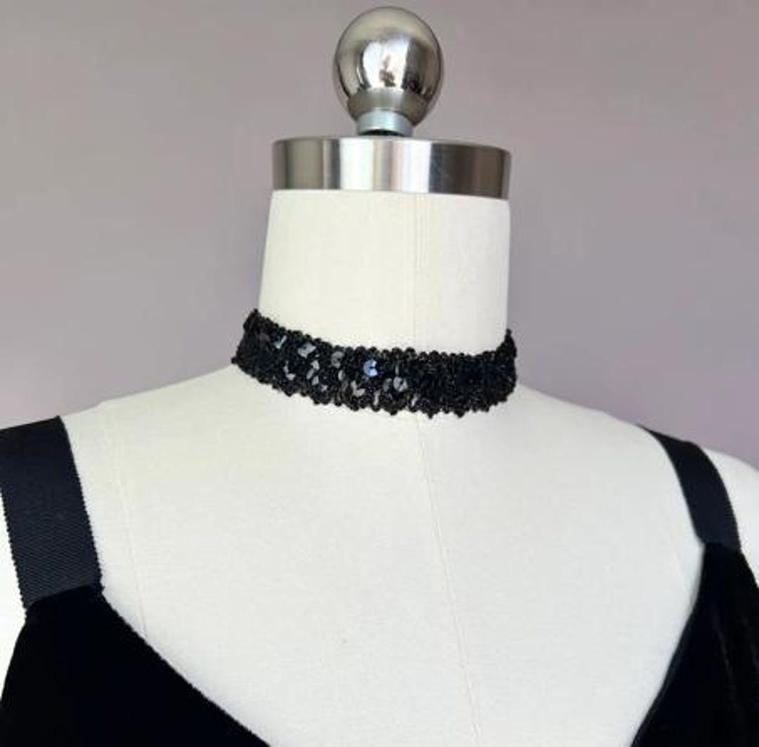 Black Sequin Choker, Glitter Choker, Party Necklace, Textile Necklace ...