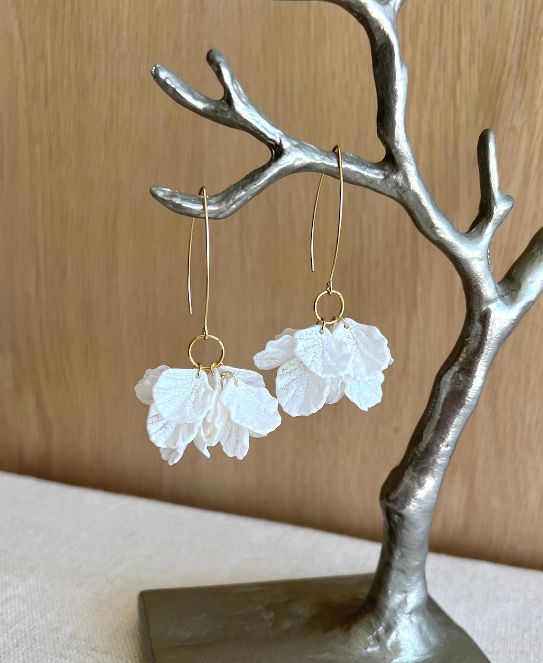 White Leaf Drop Earrings, Petal Dangle Earrings, Chic Wedding Earrings, Bridal Earrings, Boho ...