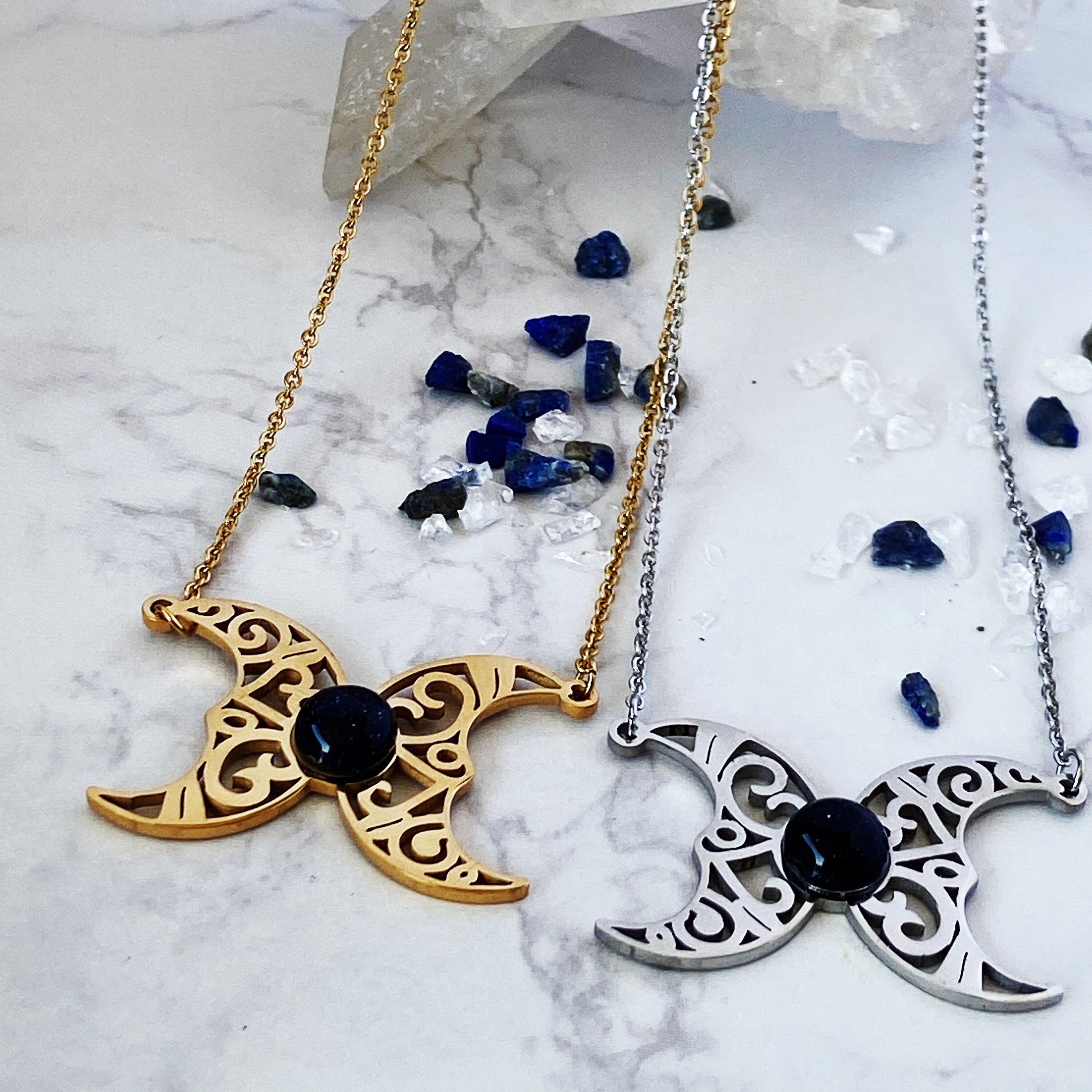 Triple Moon Goddess Necklace: Blue Sandstone Pendant, Stainless Steel ...