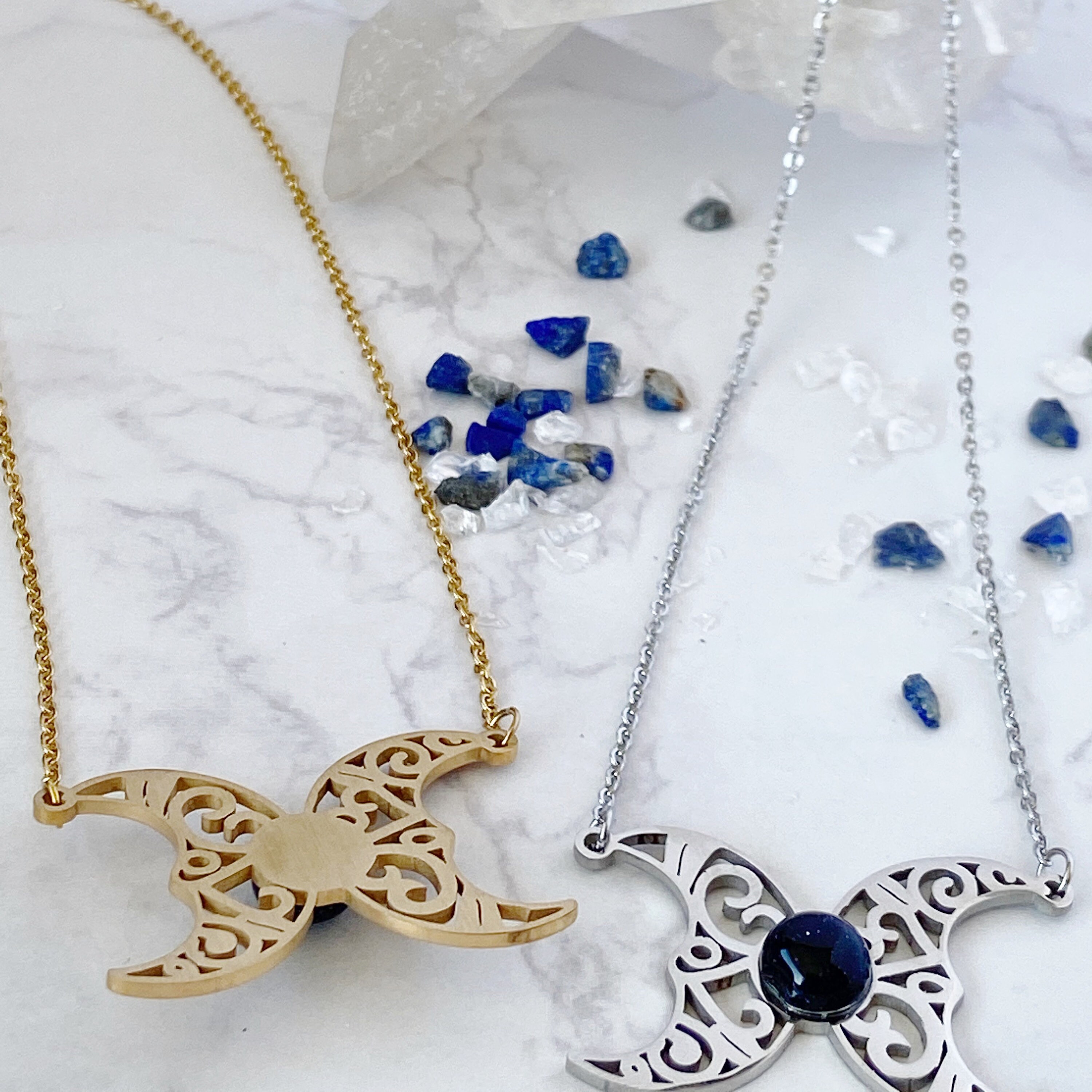 Triple Moon Goddess Necklace: Blue Sandstone Pendant, Stainless Steel ...