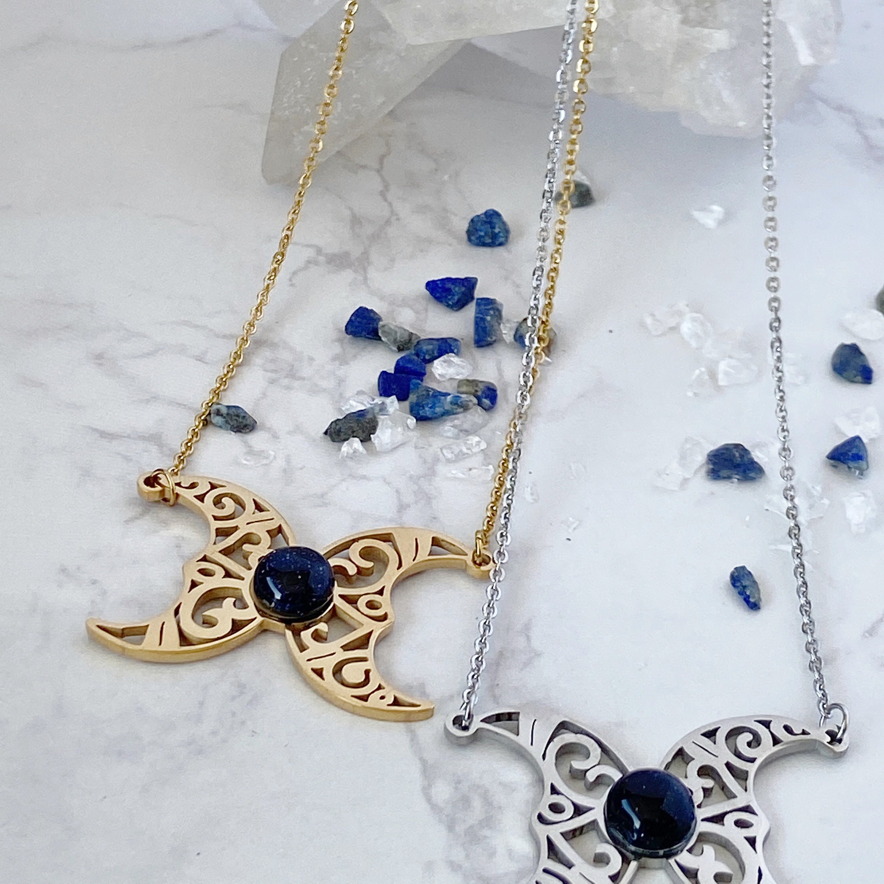 Triple Moon Goddess Necklace: Blue Sandstone Pendant, Stainless Steel ...