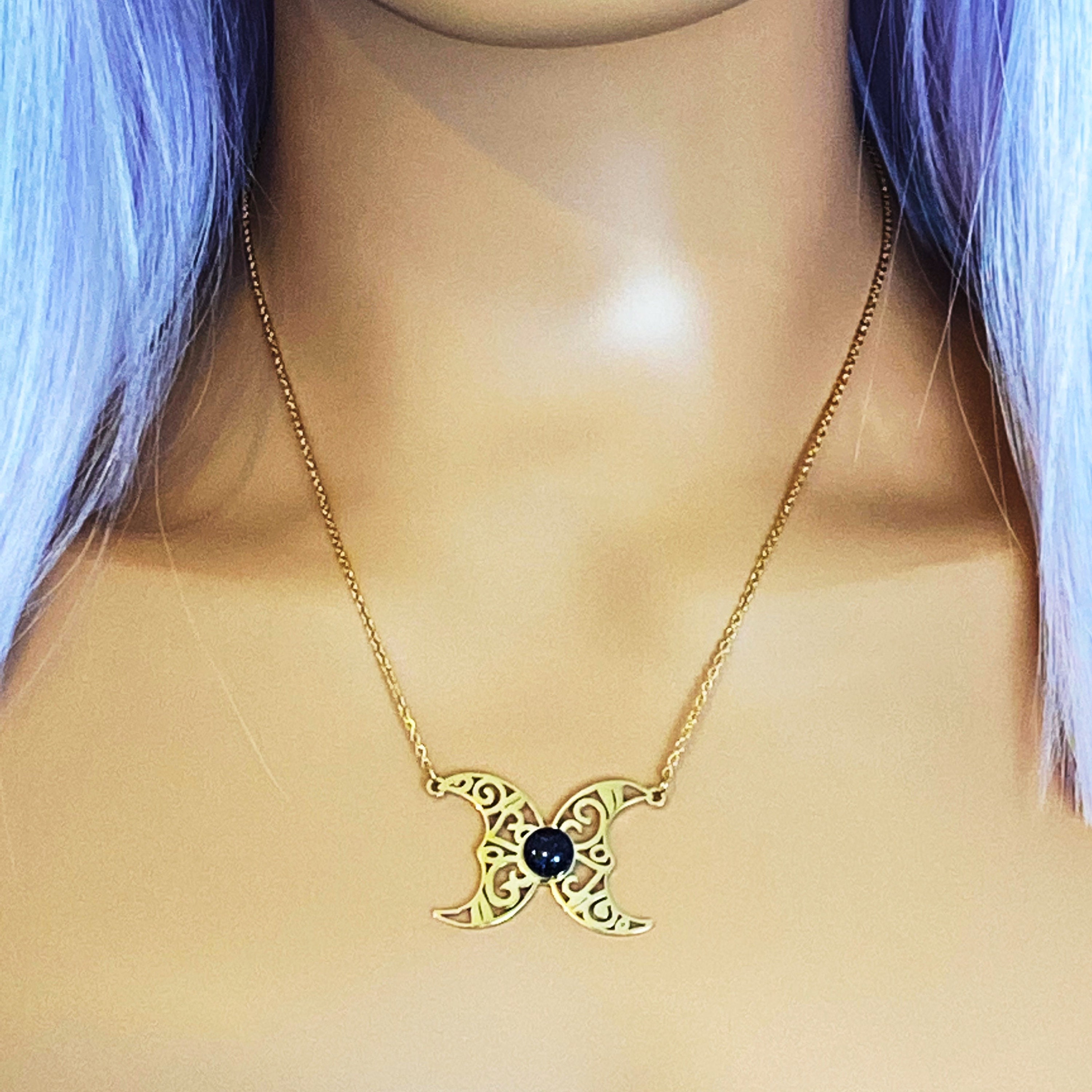 Triple Moon Goddess Necklace: Blue Sandstone Pendant, Stainless Steel ...