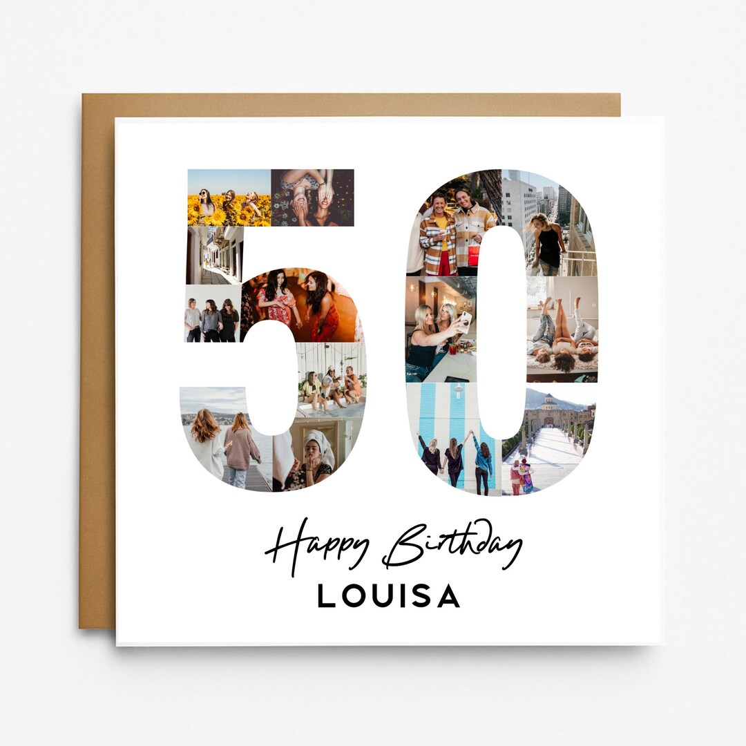 Personalised 50th Birthday Photo Collage Card - Kraft or White Envelope ...