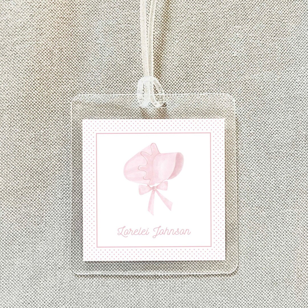 Personalized Pink Watercolor Bonnet Bag Tag, Laminated Square Girl ...