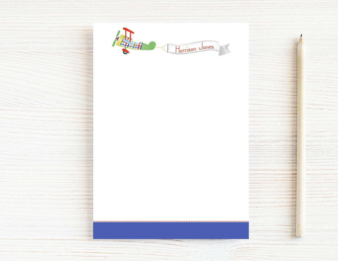 Personalized Watercolor Airplane Notepad, Blue Red Gingham Boy Notepad ...