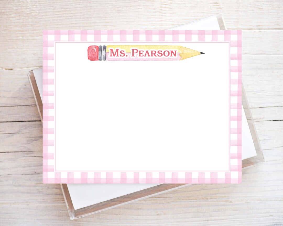 Personalized Teacher Flat Note Card, Woman Pencil Bow Notecard Set ...