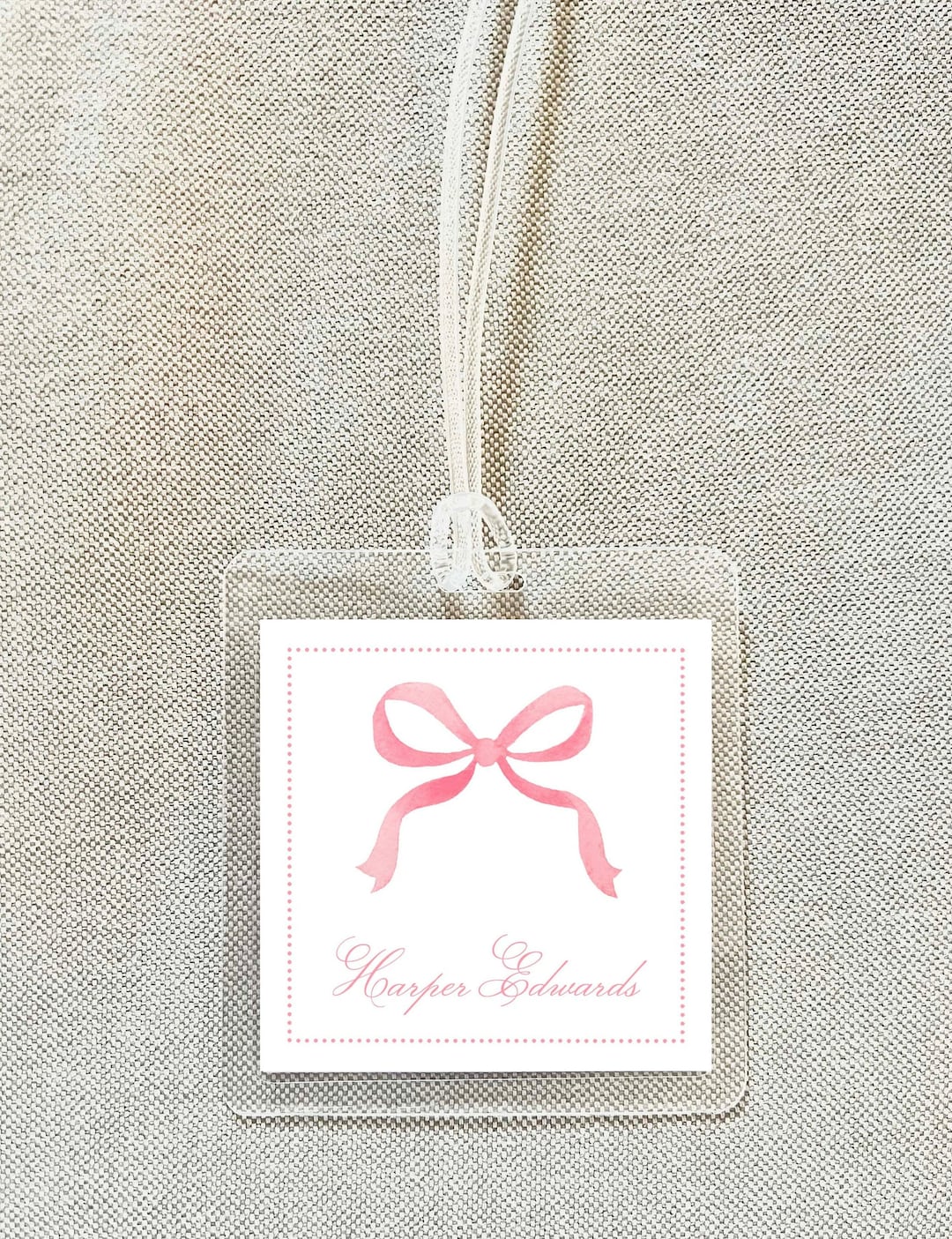 Personalized Watercolor Pink Bow Bag Tag, Laminated Monogram Luggage ...