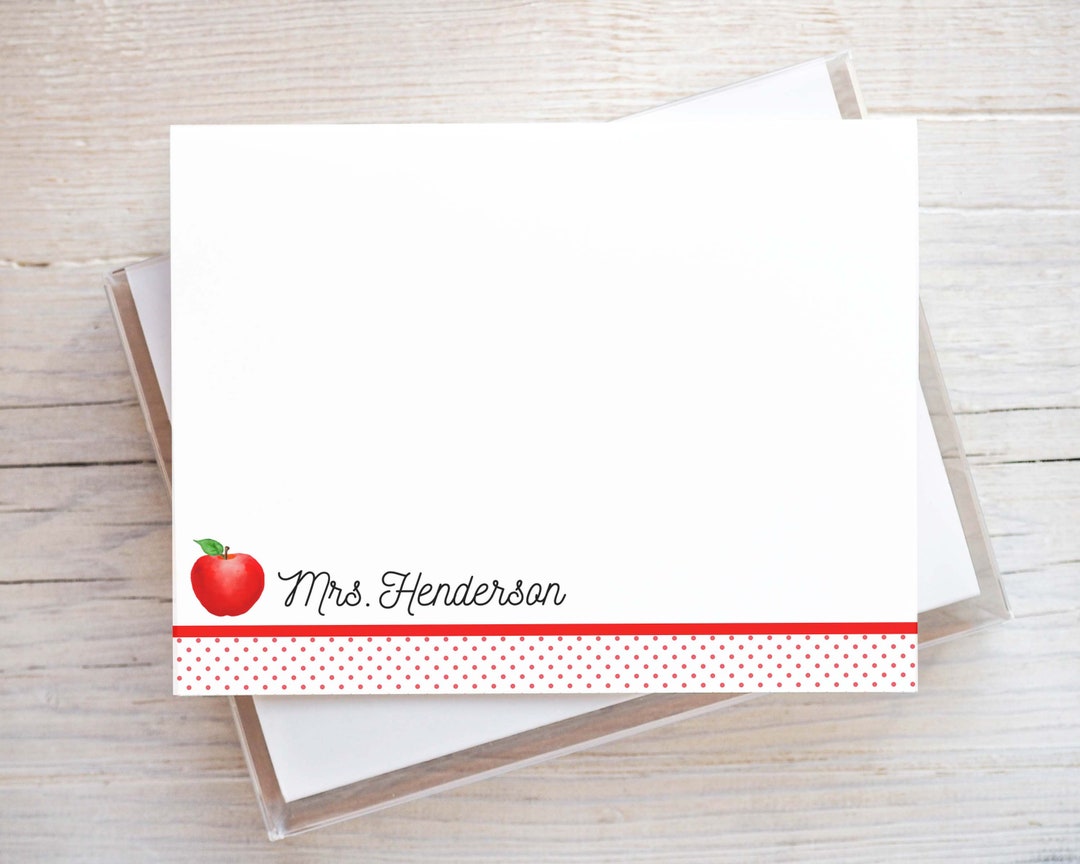 Personalized Teacher Apple Stationery, Back to School Flat Notecard Set ...