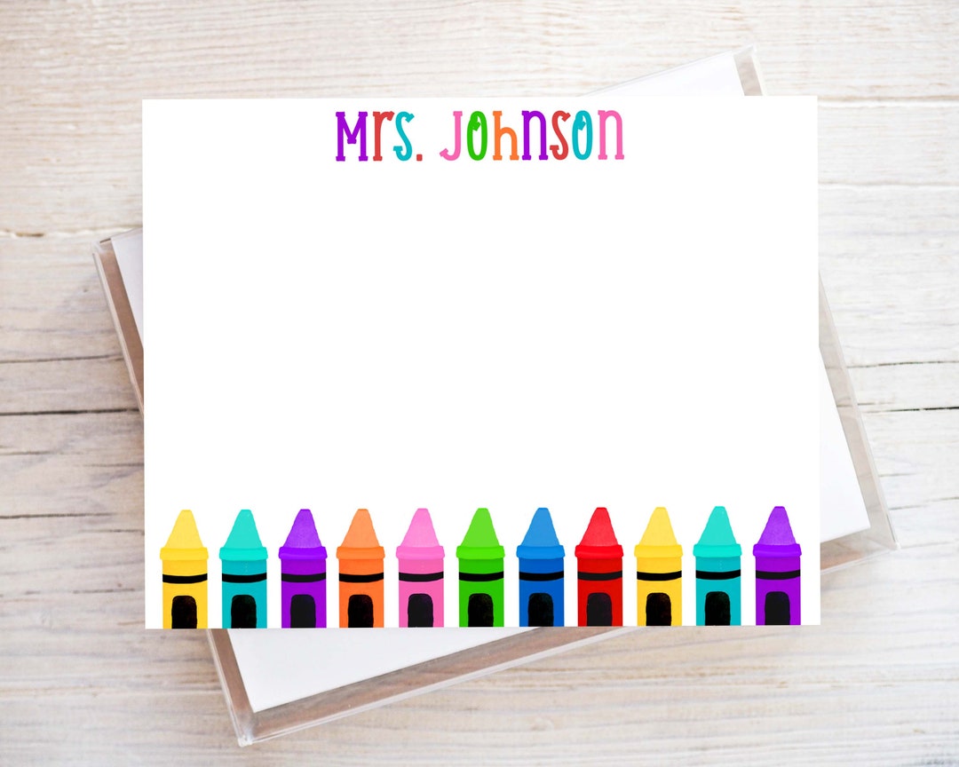 Personalized Teacher Flat Note Card, Colorful Crayons Notecard Set ...